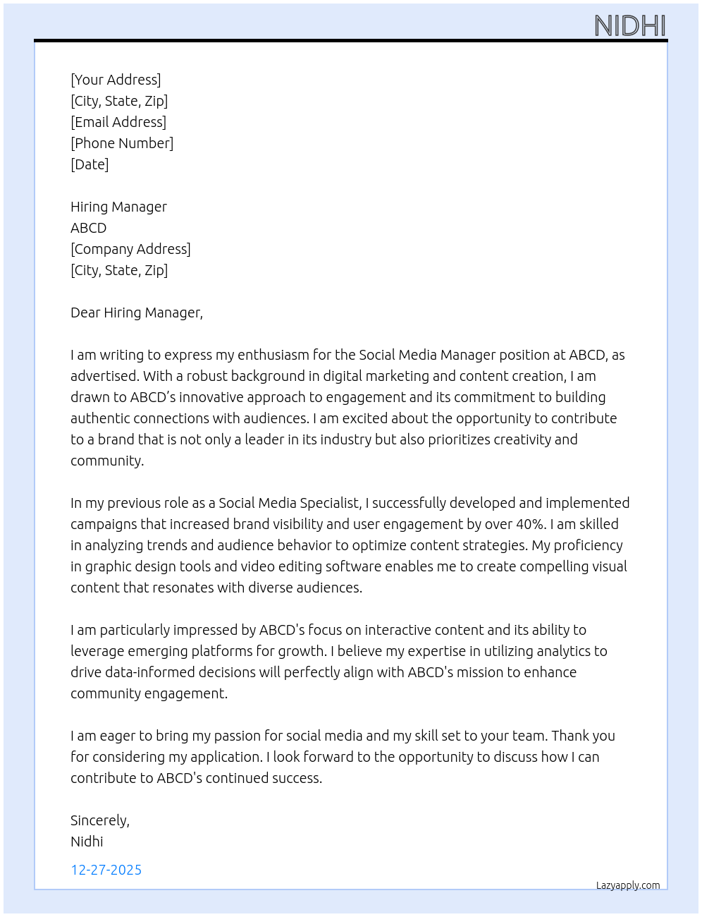 Cover letter for social media amnager - LazyApply