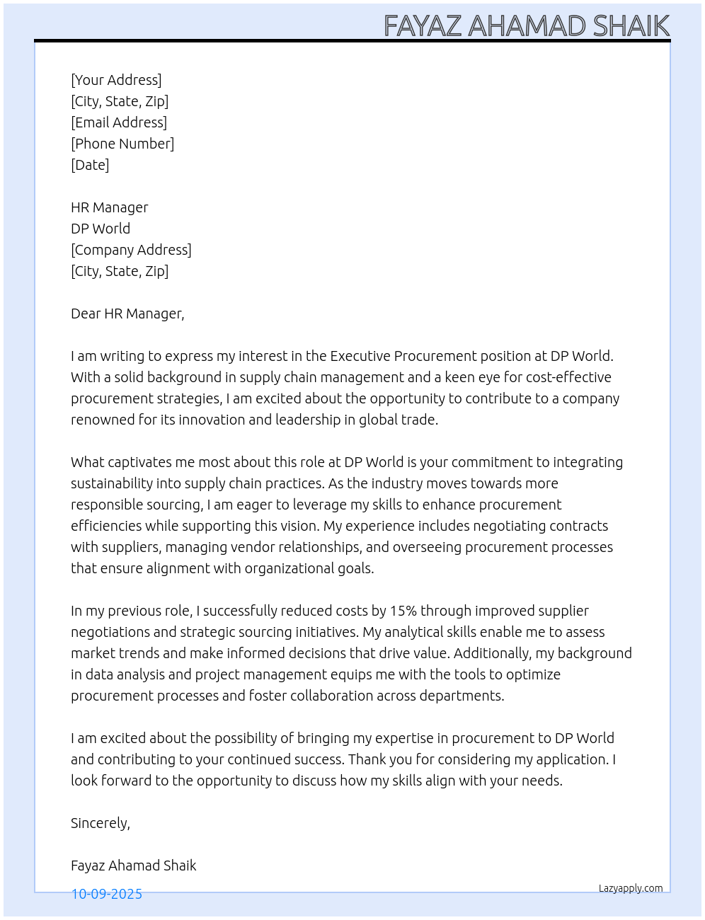 Cover letter for executive procurement - LazyApply
