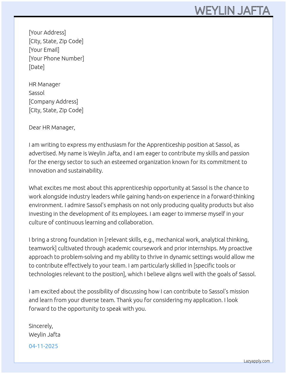 Cover letter for apprenticeship - LazyApply