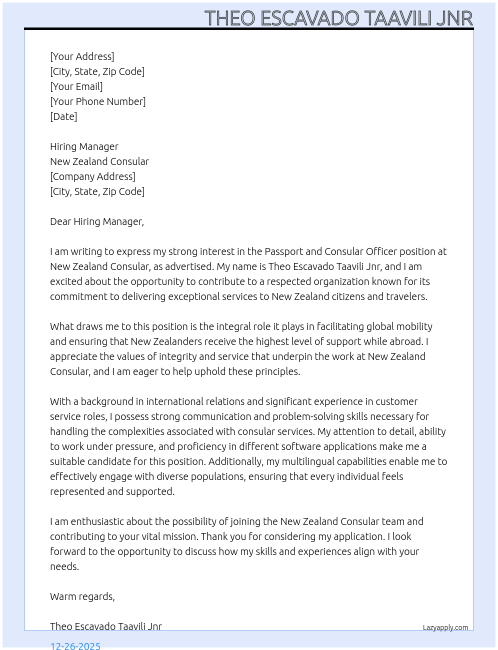 Cover letter for passport and consular officer - LazyApply