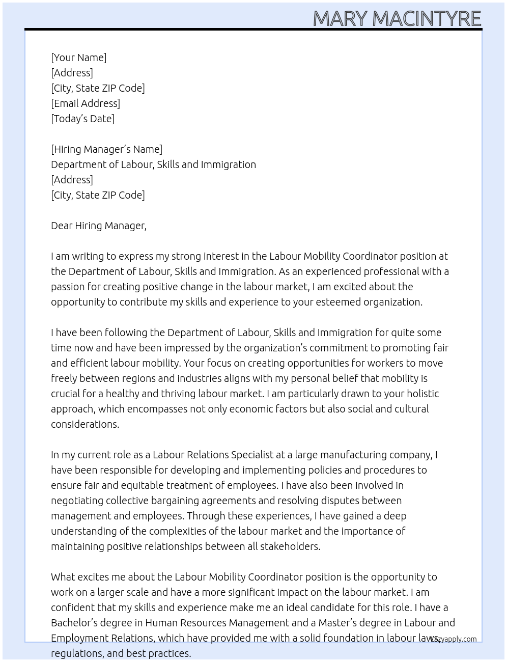 Cover letter for labour mobility coordinator - LazyApply