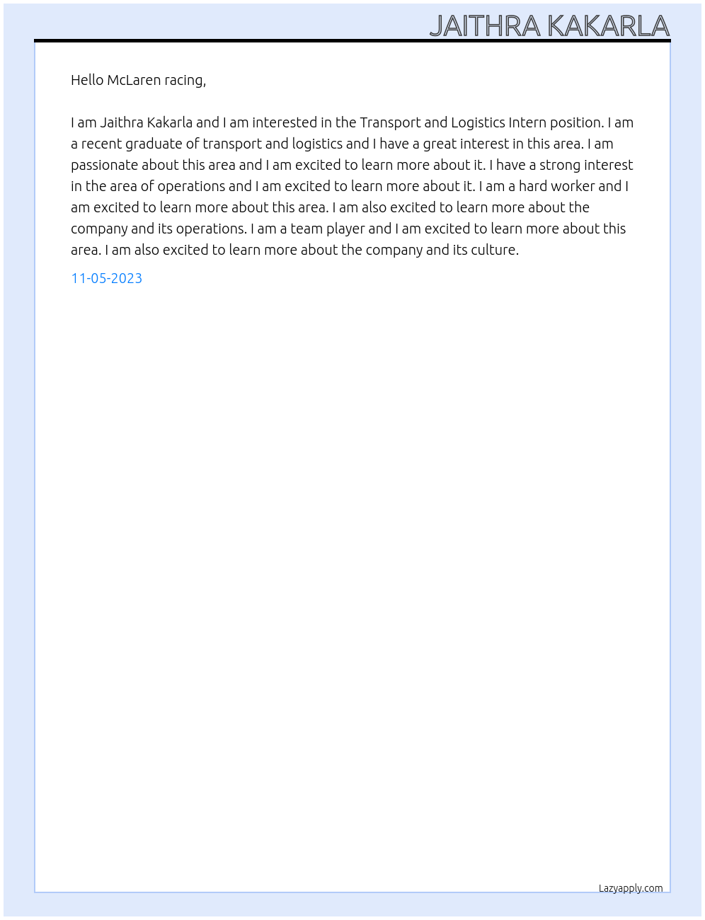 Cover letter for transport and logistics intern - LazyApply