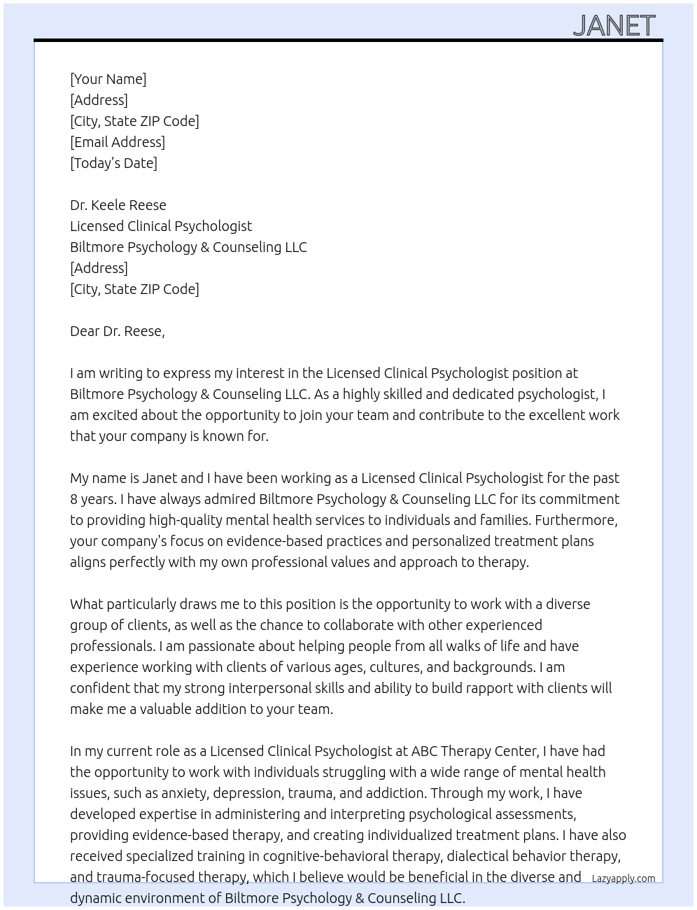 Cover letter for licensed clinical psychologist - LazyApply
