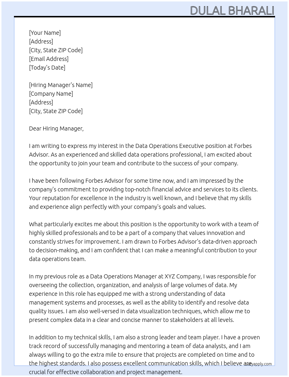 Cover letter for data operations executive - LazyApply