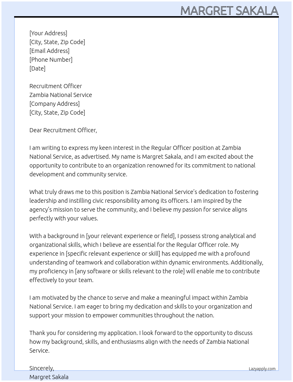 Cover letter for regular officer - LazyApply