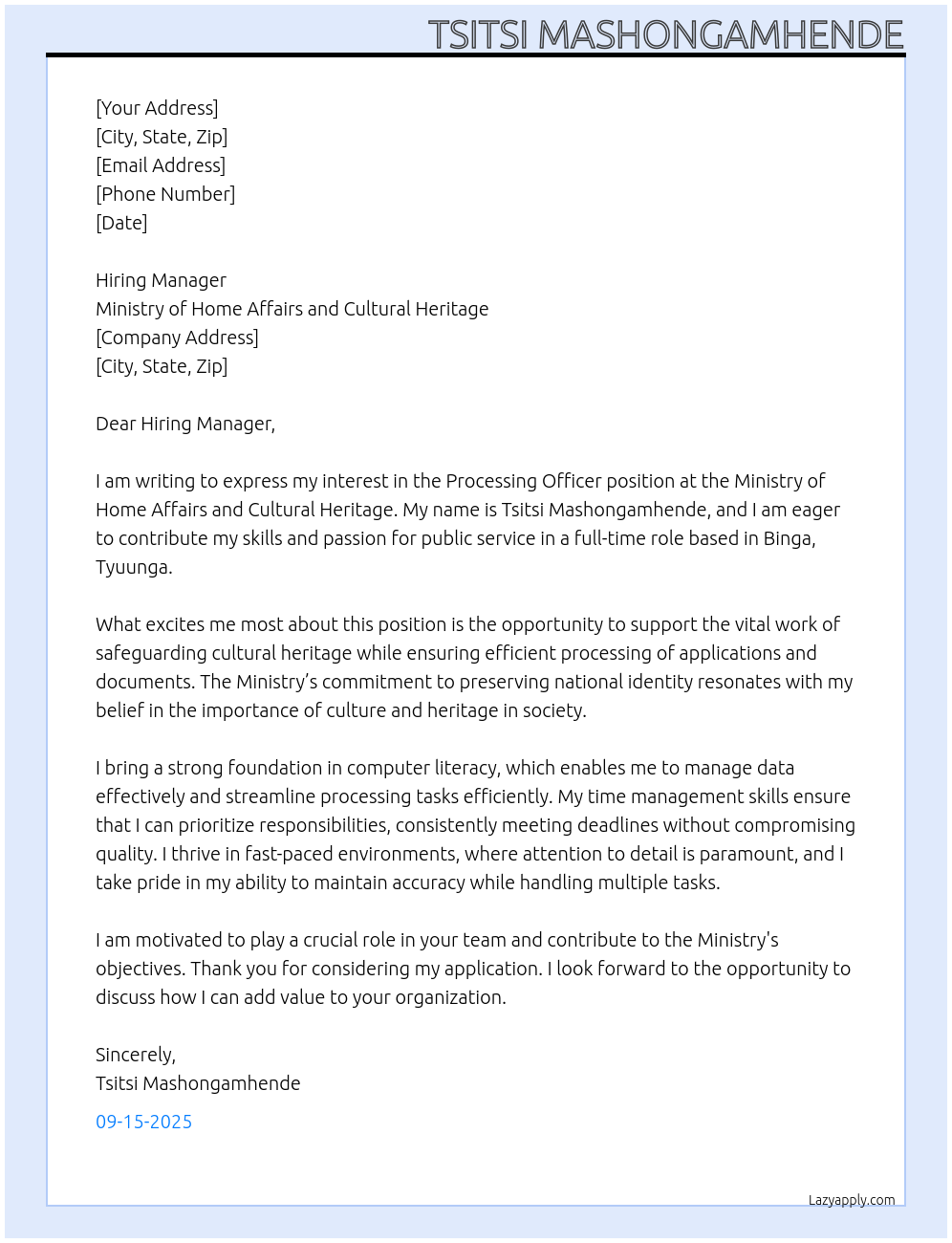 Cover letter for processing officer - LazyApply
