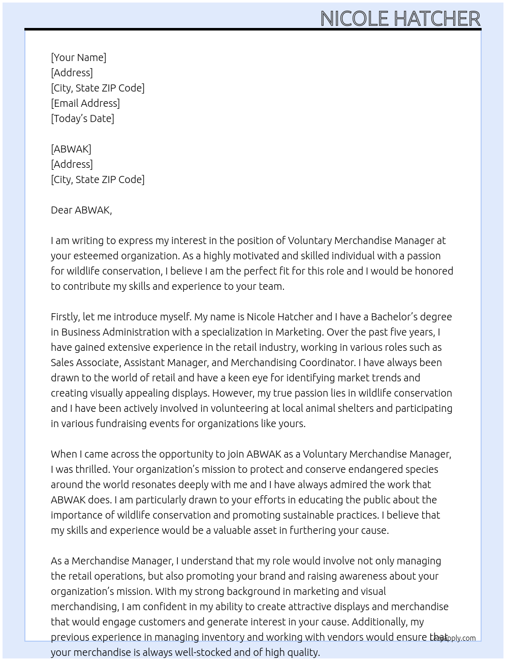 Cover letter for voluntary merchandise manager - LazyApply