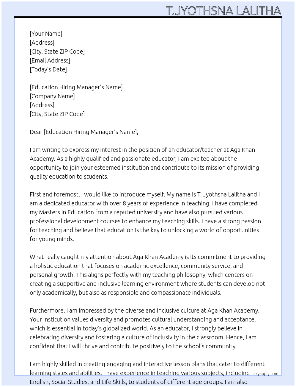 Cover letter for educator/teacher - LazyApply