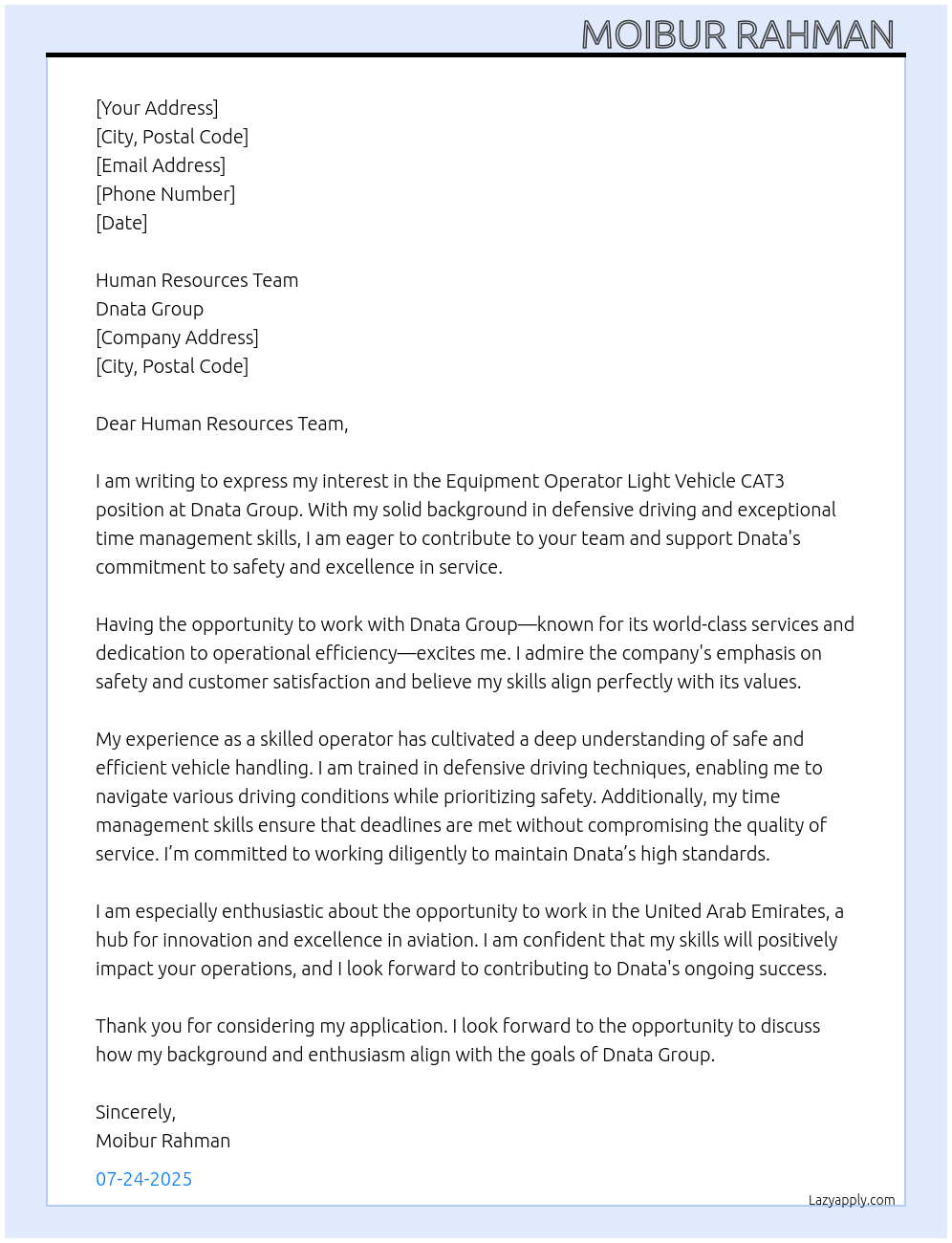 Cover letter for equipment operator light vehicle cat3 - LazyApply