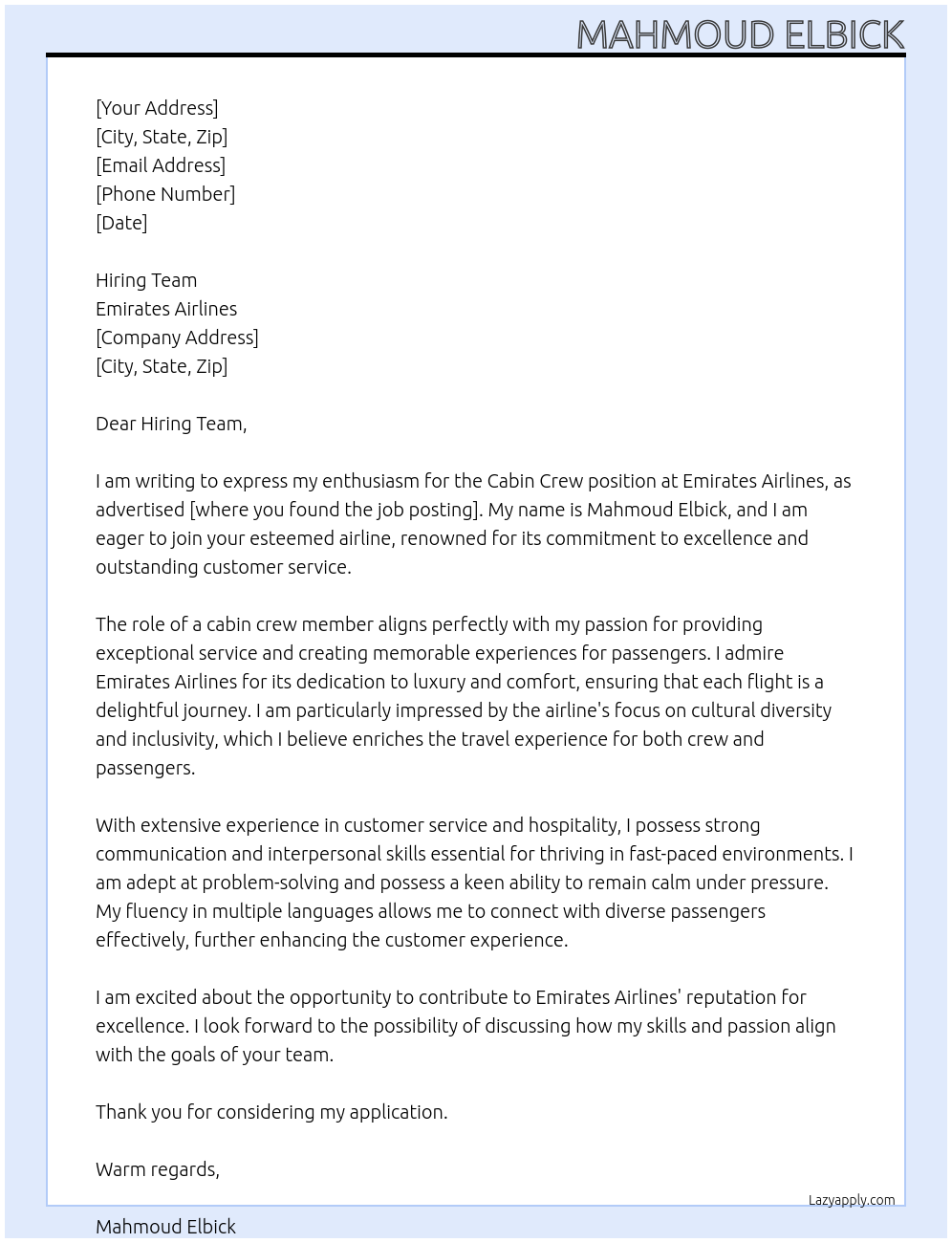 Cover letter for cabin crew - LazyApply