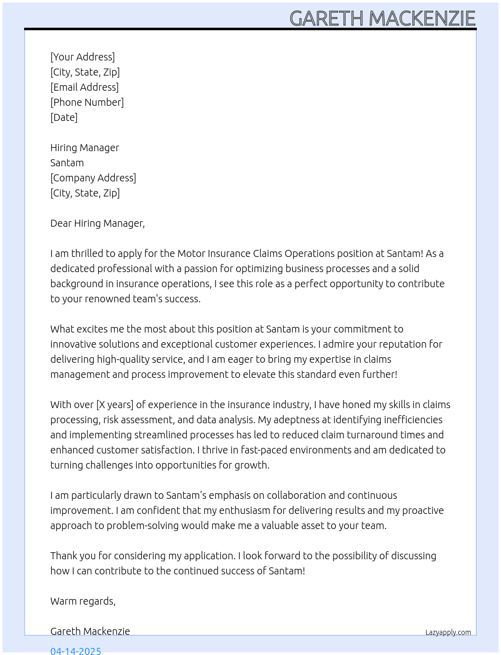 Cover letter for motor insurance, claims operations, business process ...