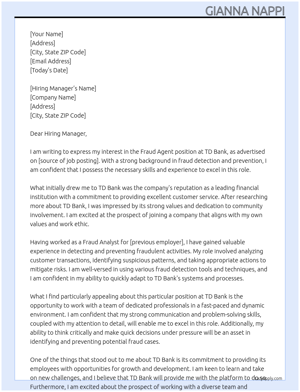 Cover letter for fraud agent - LazyApply