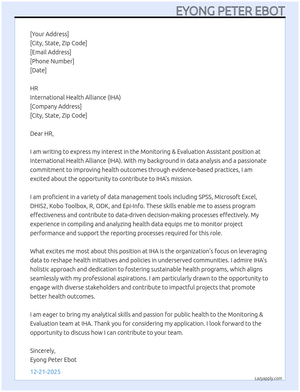 Cover letter for application for the position of monitoring ...