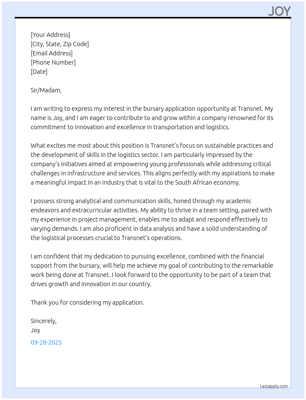 Cover letter for bursary application - LazyApply