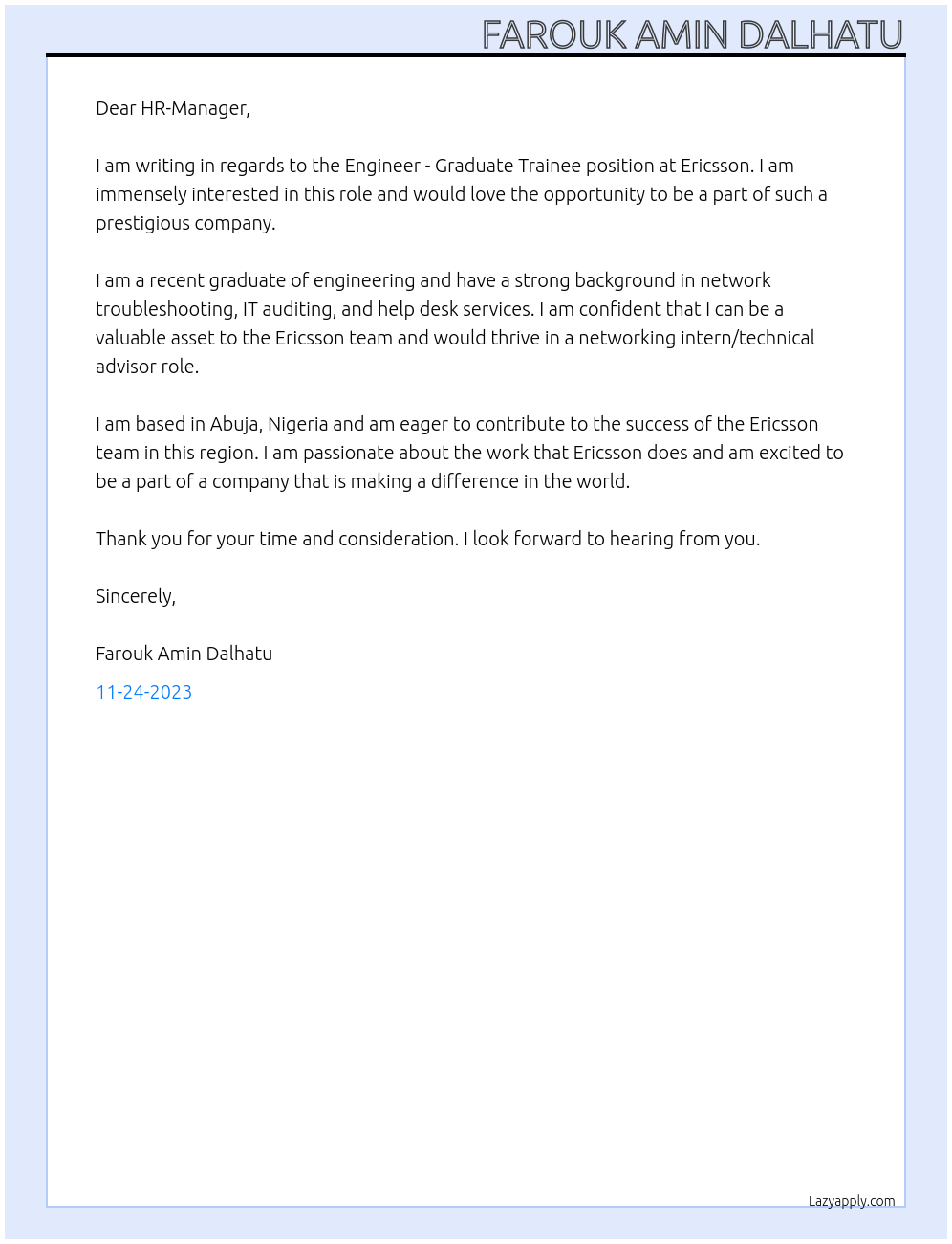 Cover letter for engineer graduate trainee - LazyApply
