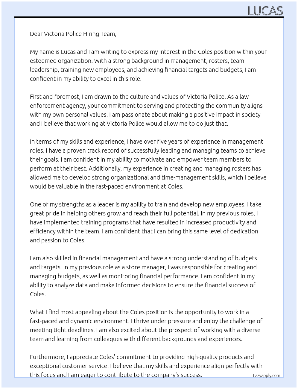 Cover letter for coles - LazyApply