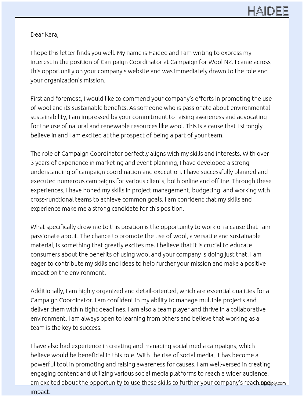 Cover letter for campaign coordinator - LazyApply