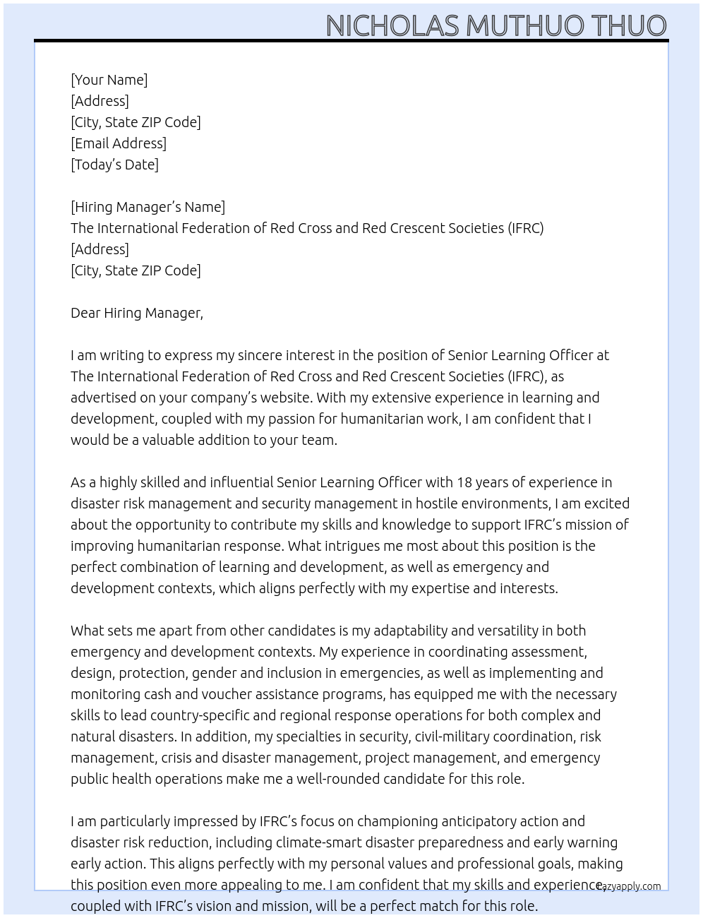 Cover letter for senior learning officer - LazyApply