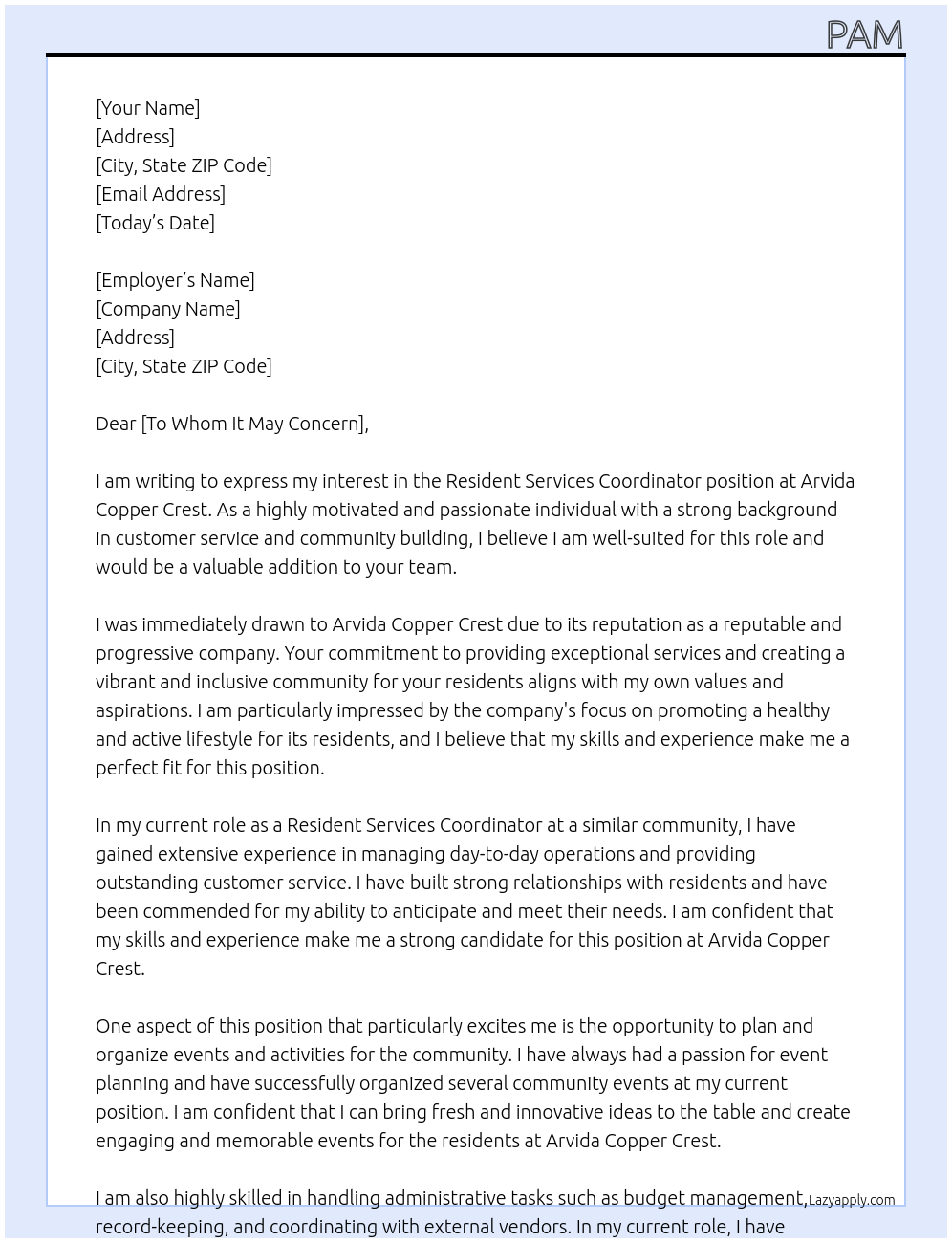 Cover letter for resident services coordinator - LazyApply