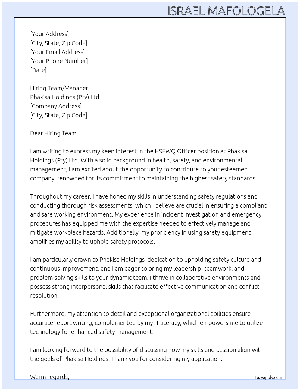Cover letter for hsewq officer - LazyApply