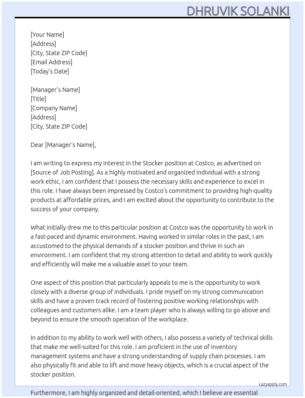 Cover letter for stocker - LazyApply