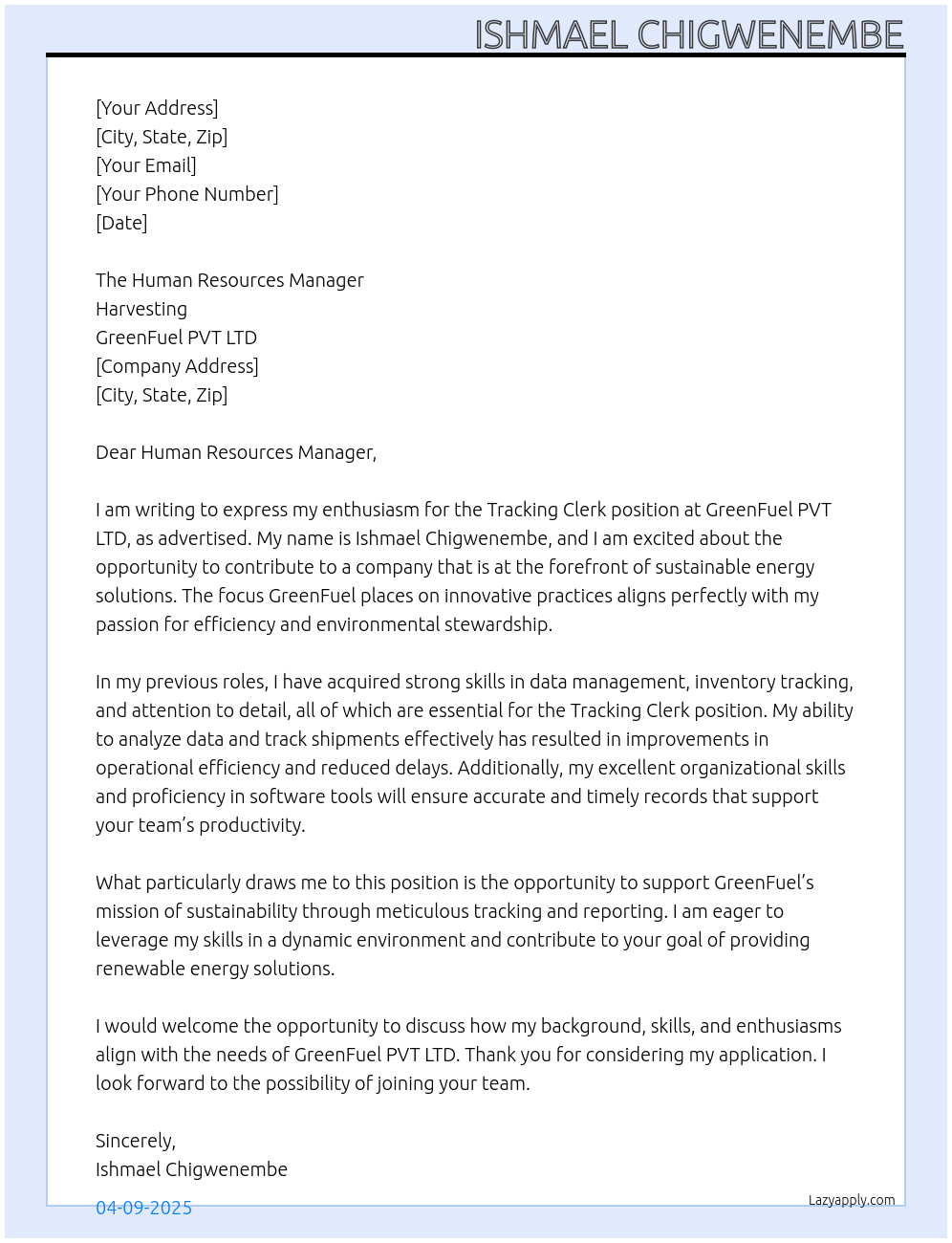 Cover letter for tracking clerk - LazyApply