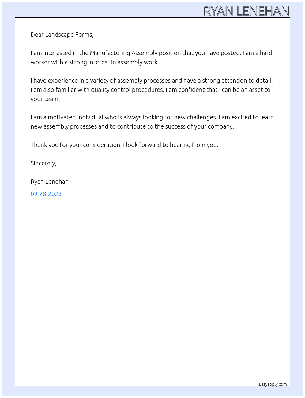 Cover letter for manufacturing assembly - LazyApply