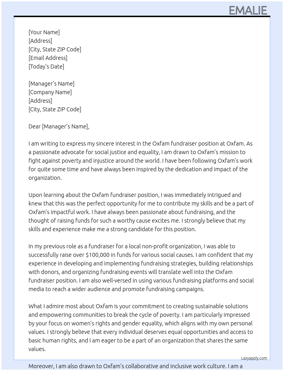 Cover letter for oxfam fundraiser - LazyApply