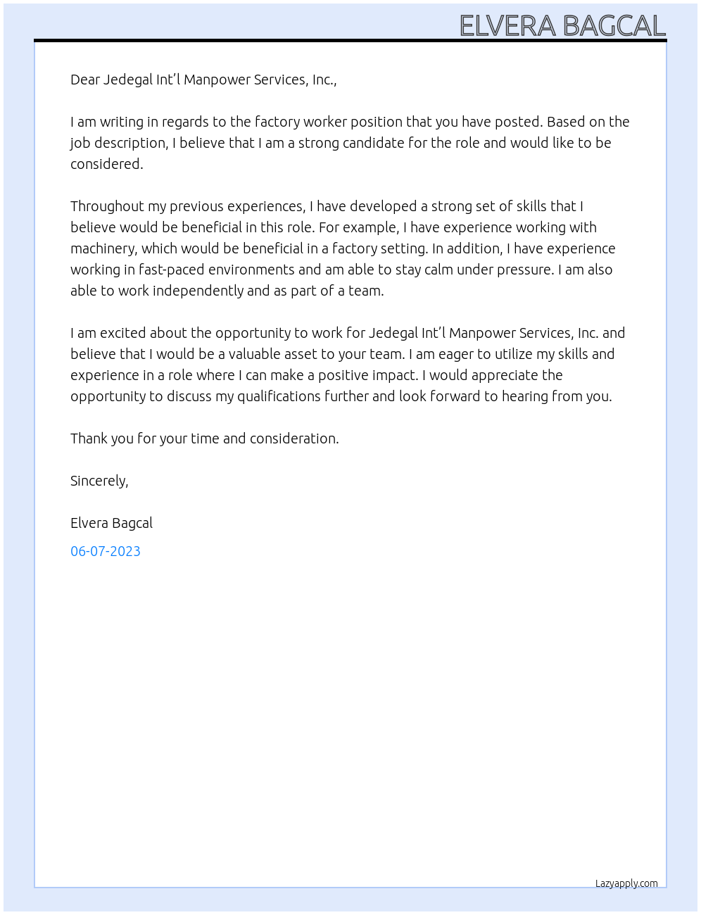 Cover letter for factory worker - LazyApply