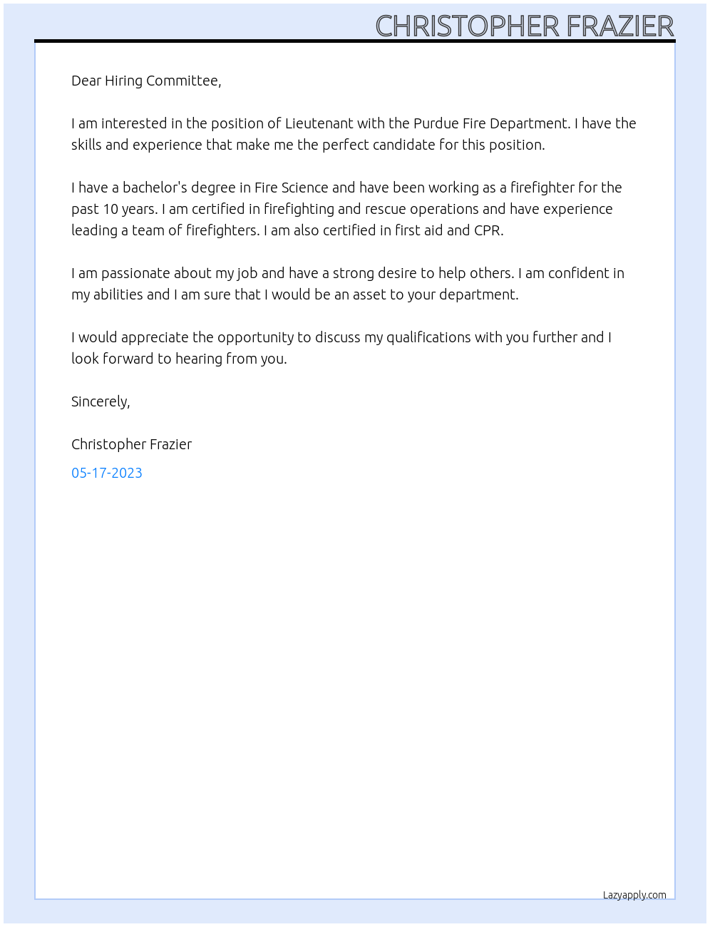 Cover letter for lieutenant - LazyApply
