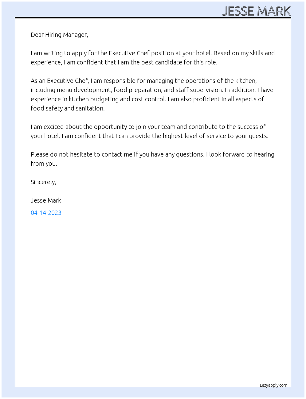 Cover letter for executive chef - LazyApply