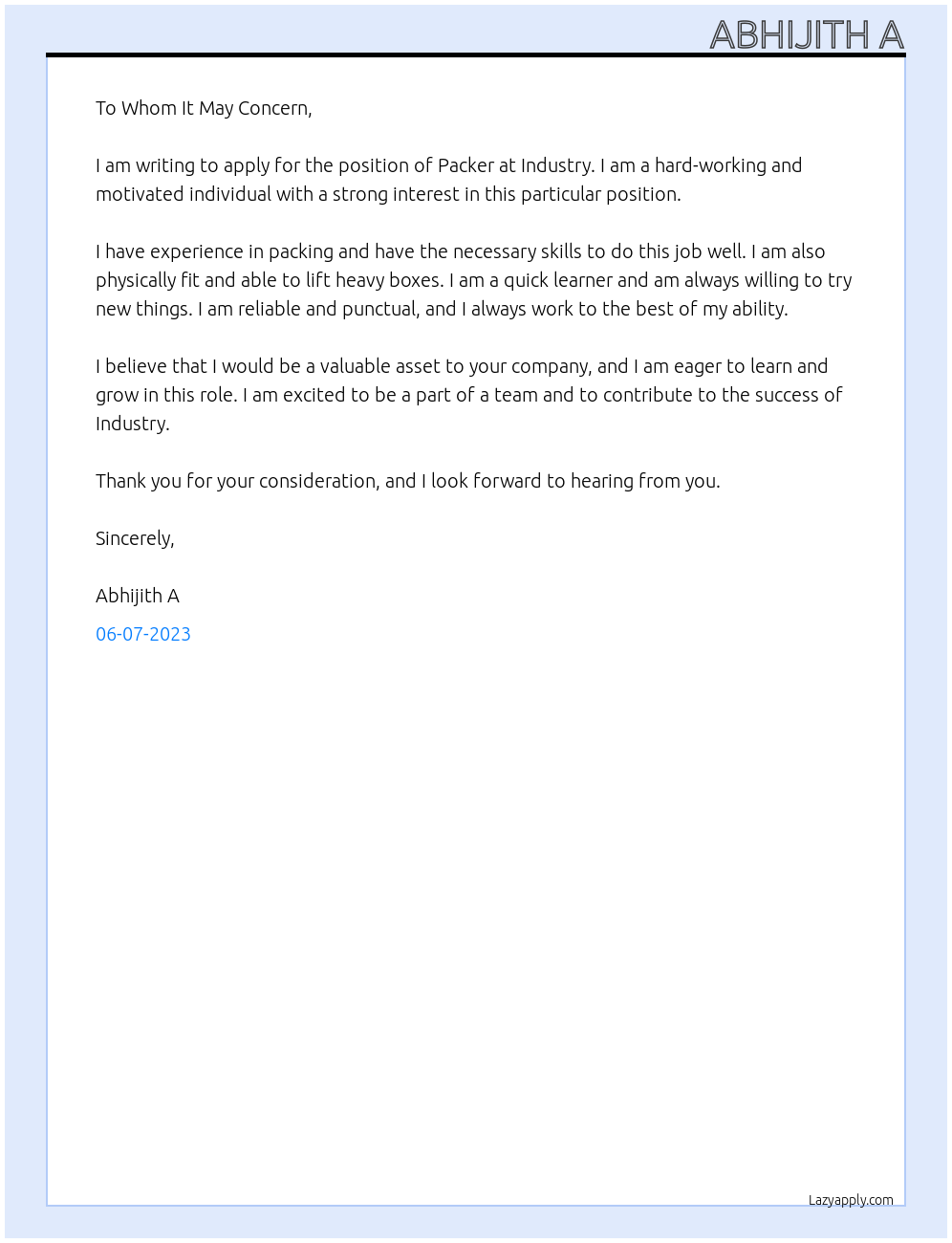 Cover letter for packer - LazyApply