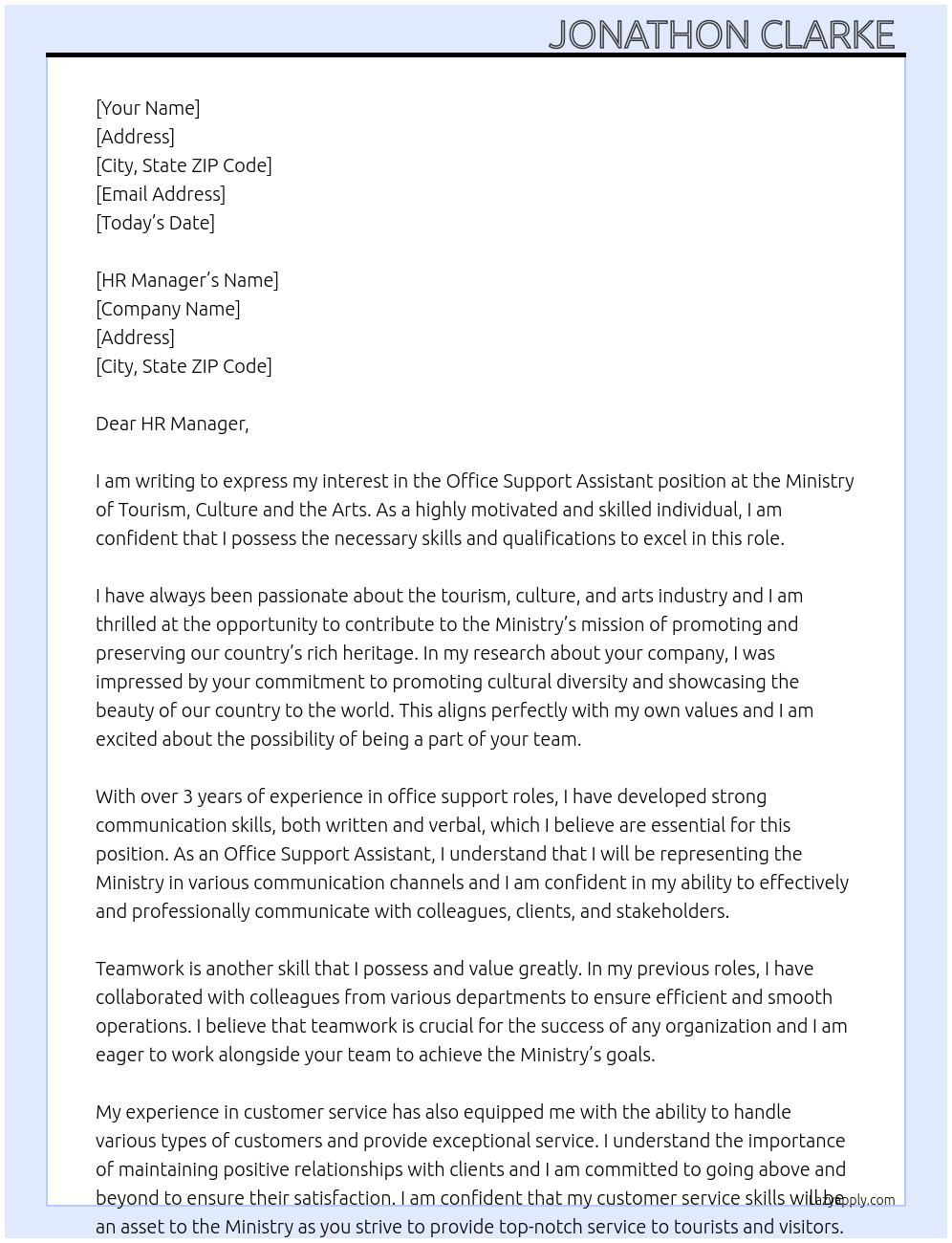 Cover letter for office support assistant - LazyApply