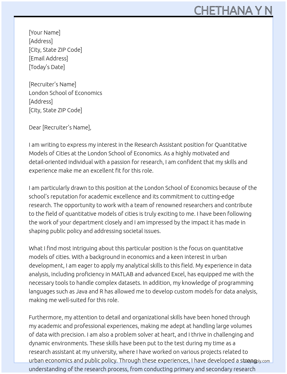 Cover letter for research assistant - quantitative models of cities ...