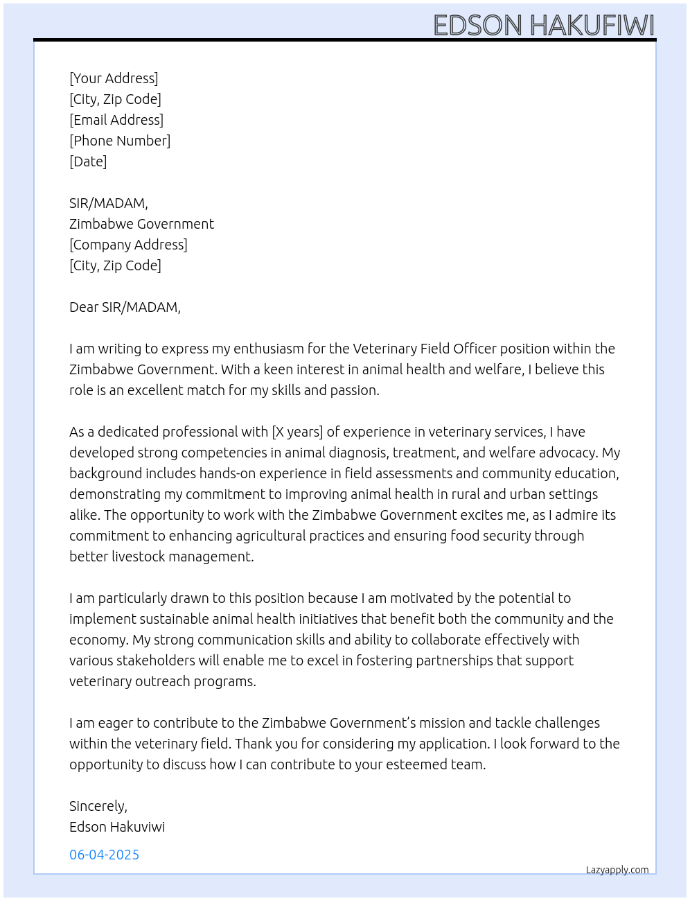 Cover letter for veterinery field officer - LazyApply