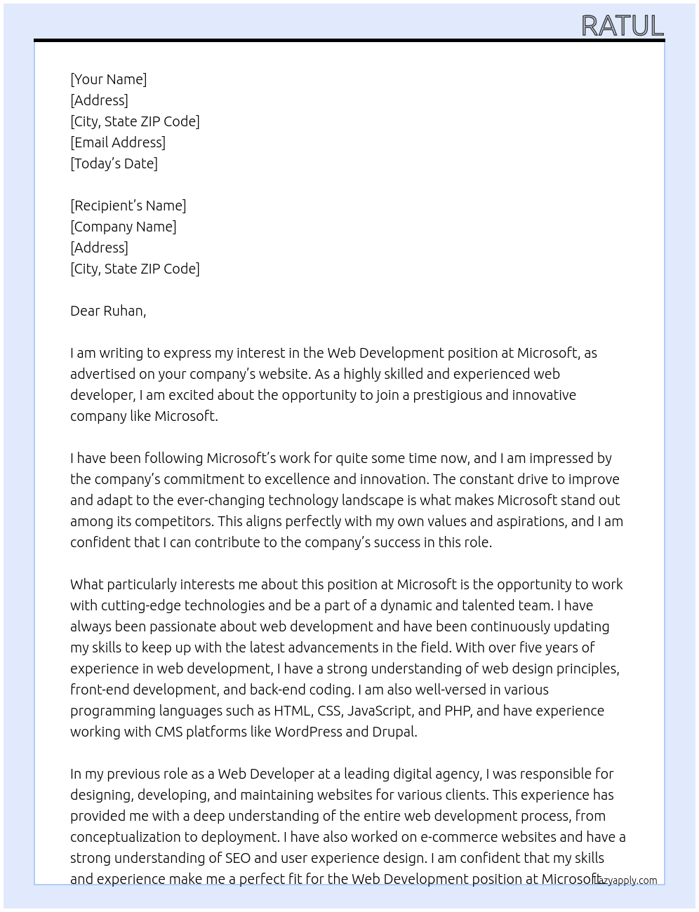 Cover letter for web development - LazyApply