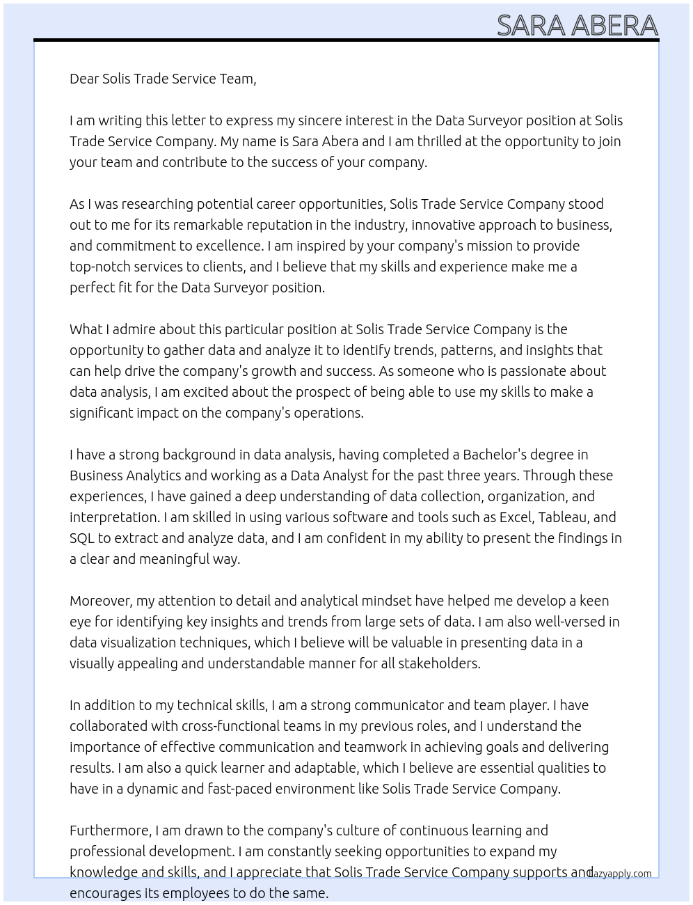 Cover letter for data surveyer - LazyApply