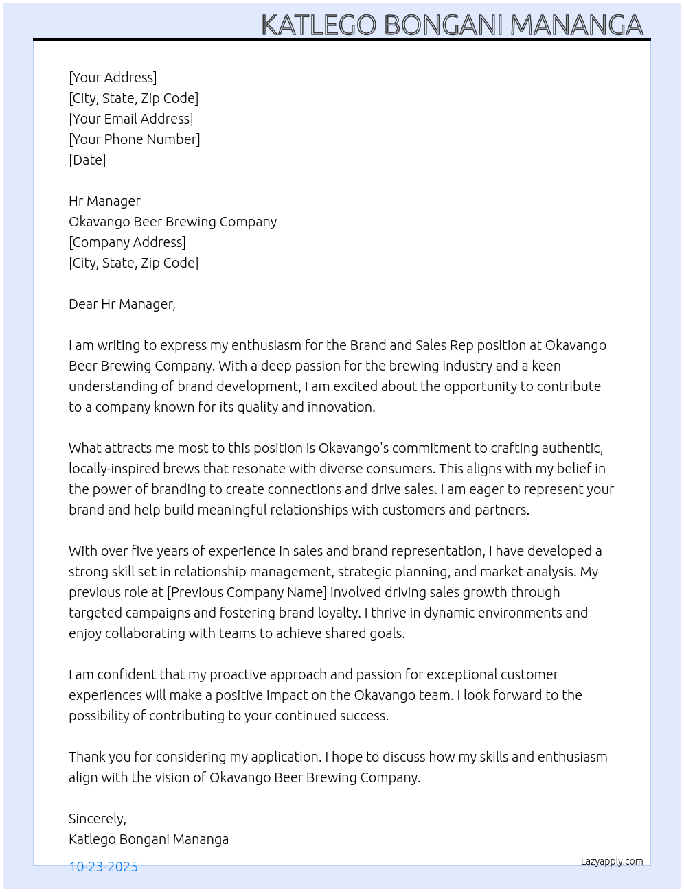 Cover letter for brand and sales rep - LazyApply