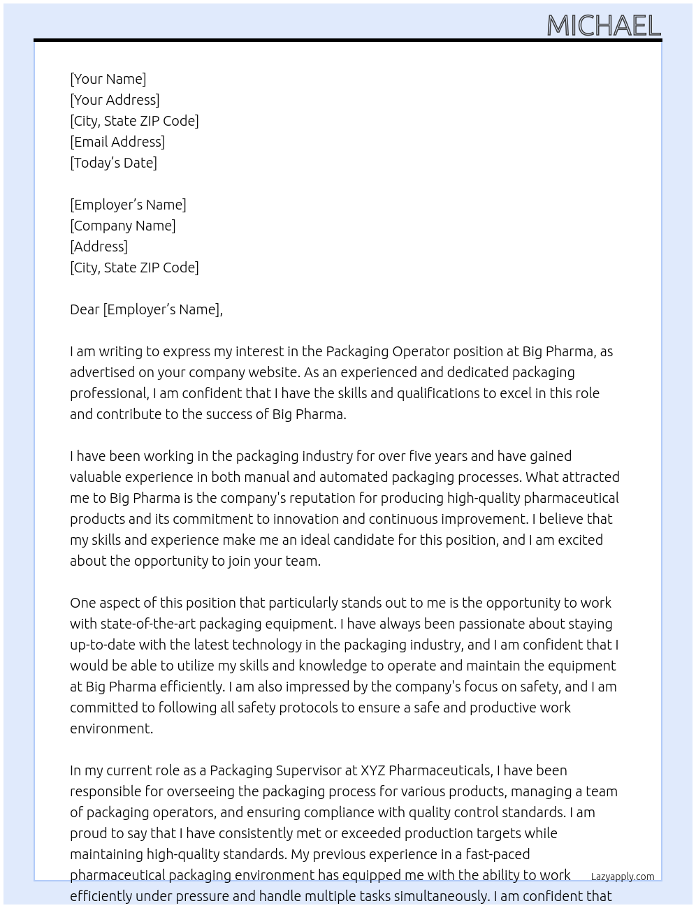 Cover letter for packaging operator - LazyApply