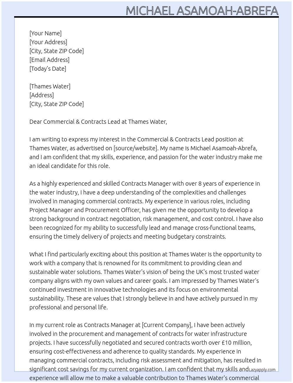 Cover letter for commercial & contracts lead - LazyApply