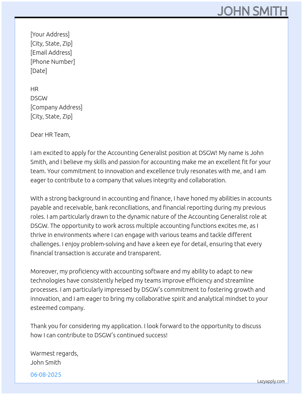 Cover letter for accounting generalist - LazyApply