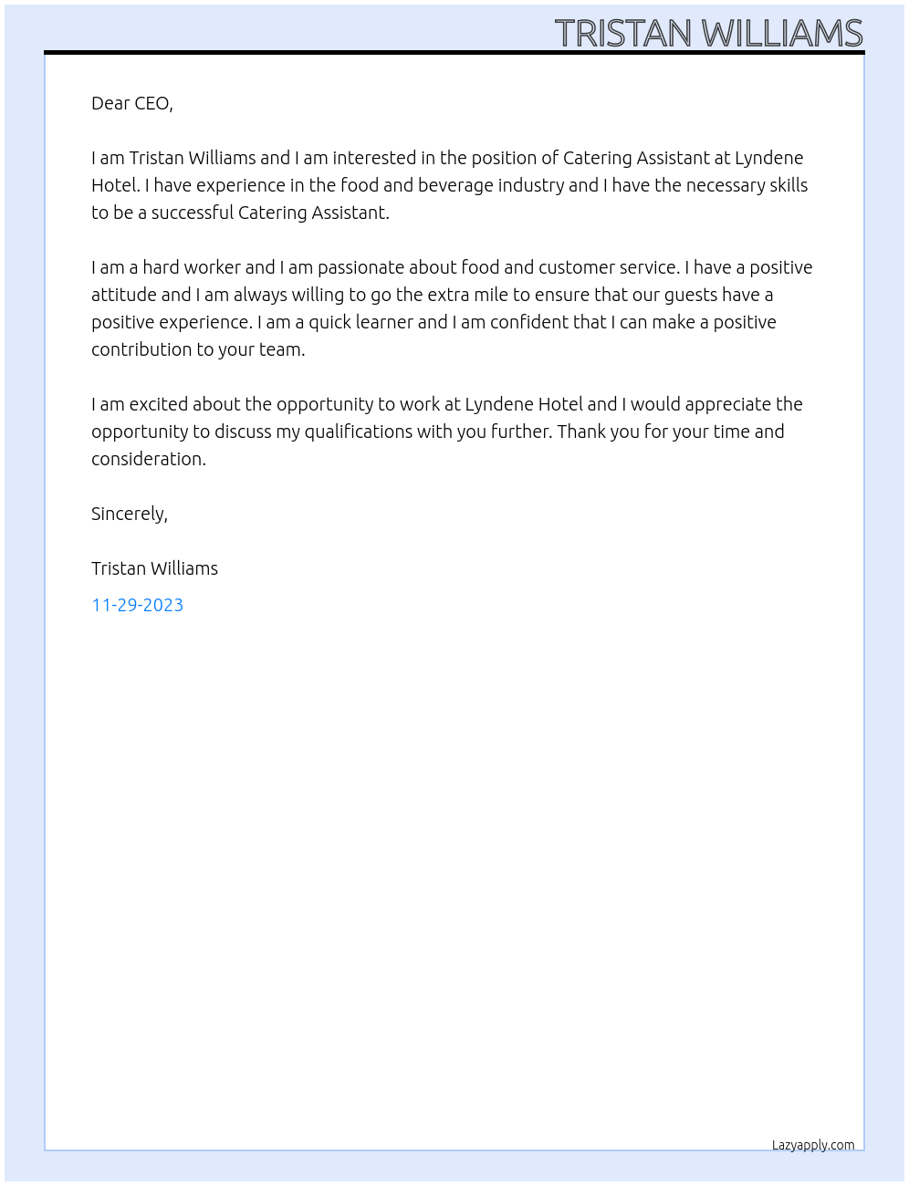 Cover letter for catering assistant - LazyApply