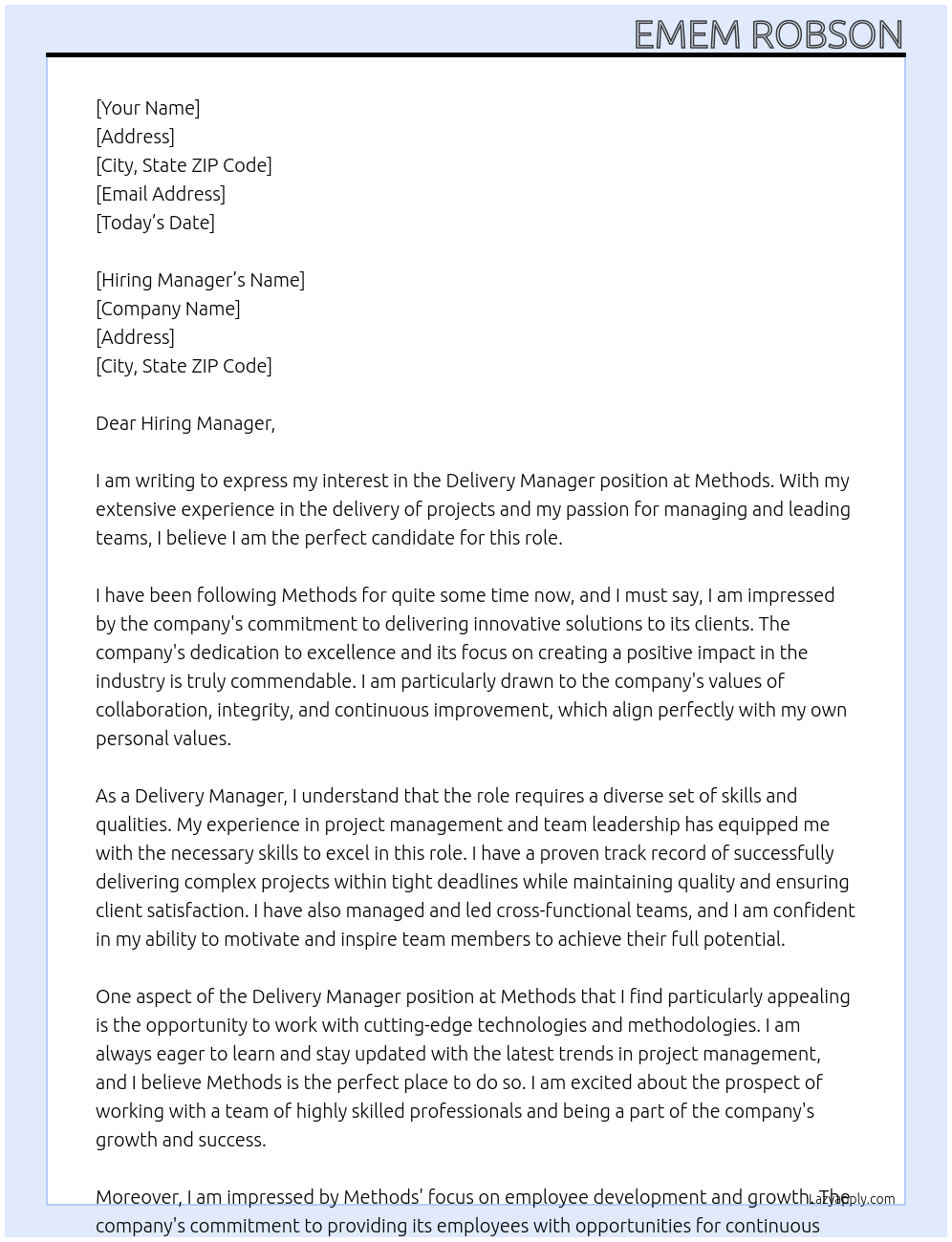 Cover letter for delivery manager - LazyApply