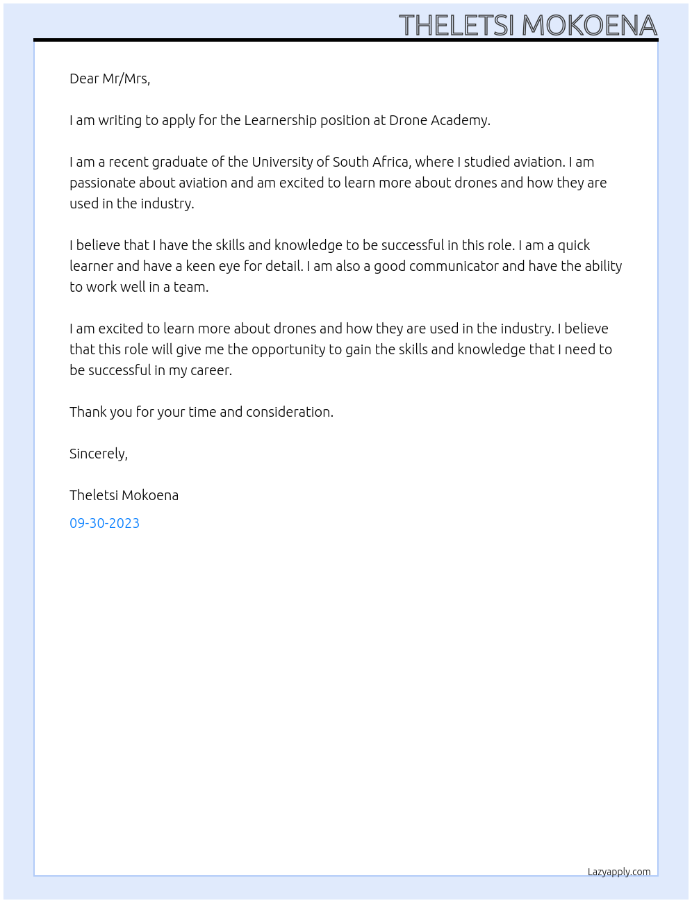 Cover letter for learnership - LazyApply