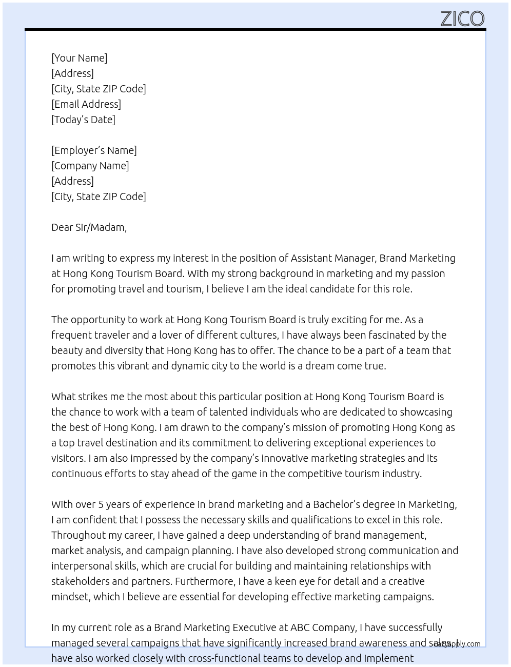 Cover letter for assistant manager - brand marketing - LazyApply