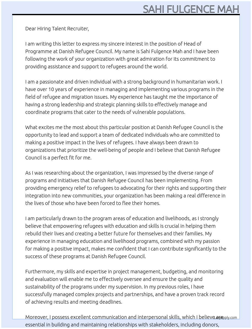 Cover letter for head of programme. - LazyApply