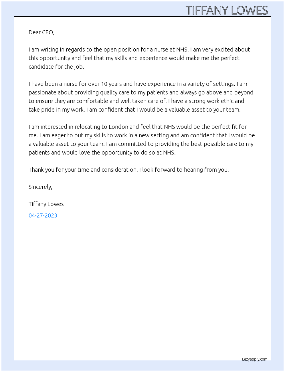 Cover letter for nurse - LazyApply