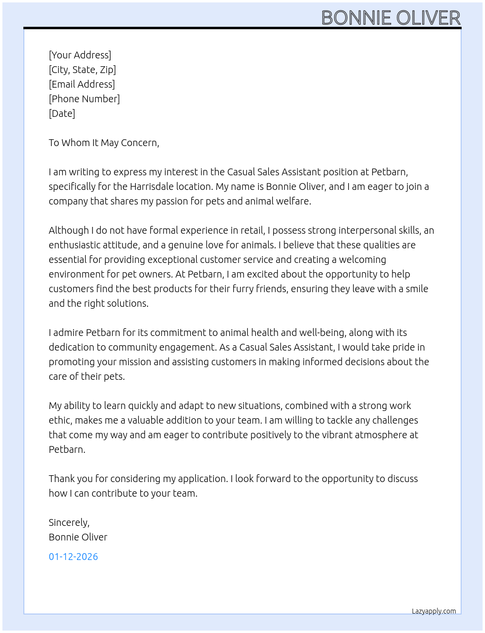 Cover letter for casual sales assistant - LazyApply