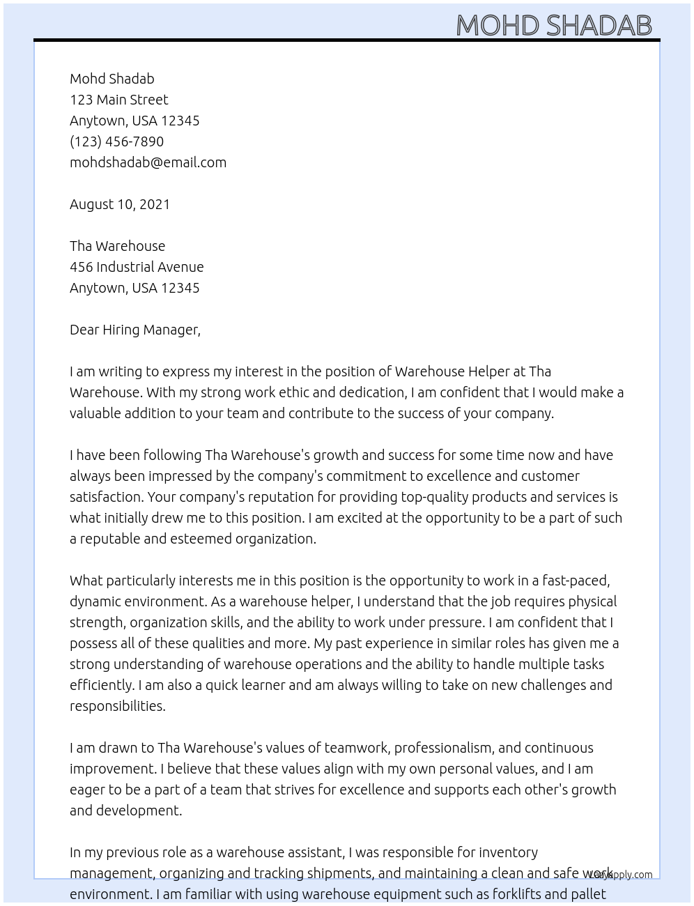 Cover letter for warehouse helper - LazyApply