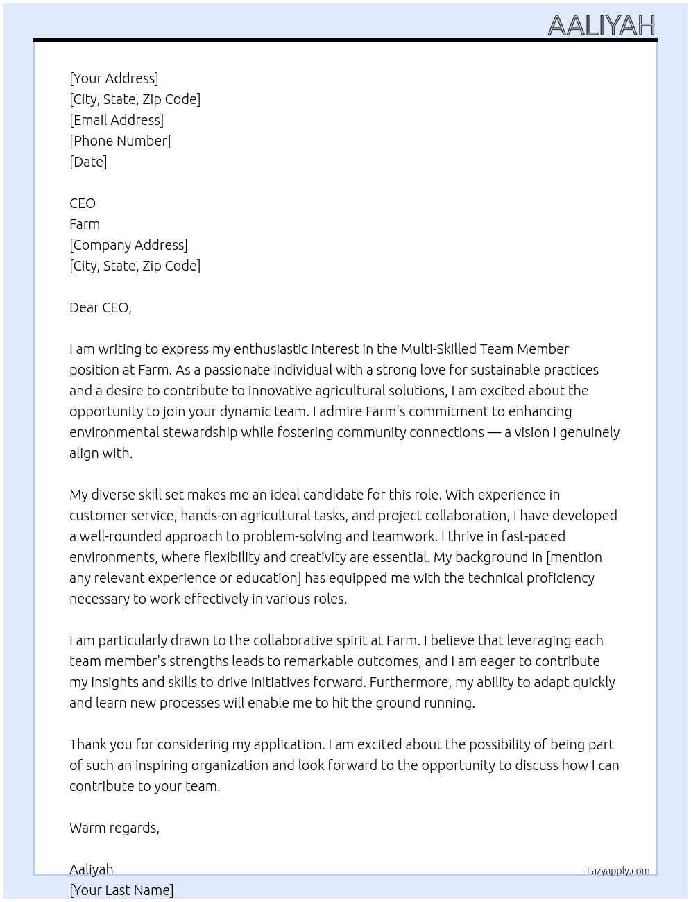 Cover letter for multi skilled team member - LazyApply